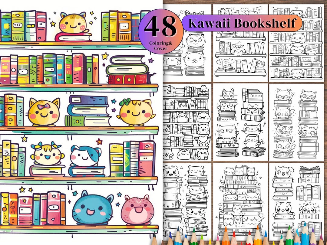 48 Kawaii Bookshelf Coloring Page for Kids , Digital Coloring Downloads ...