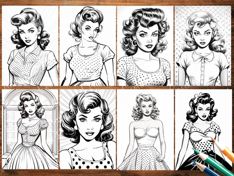 42 Rockabilly Retro Girl Coloring Pages: Grayscale (printable PDF & JPG ...