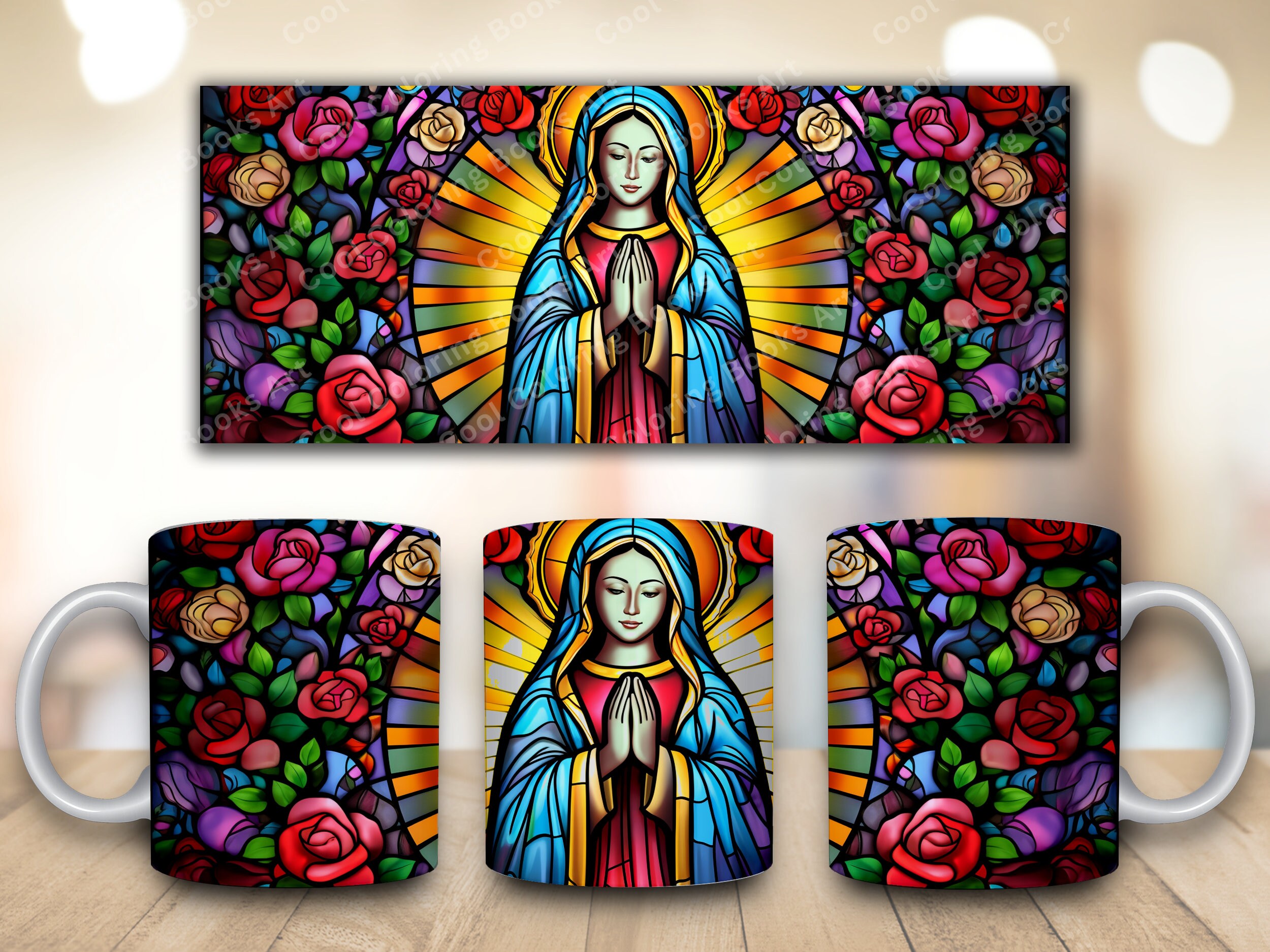 10 Stained Glass Virgin Mary Mug Wrap, 11oz Mug Template, Mug ...