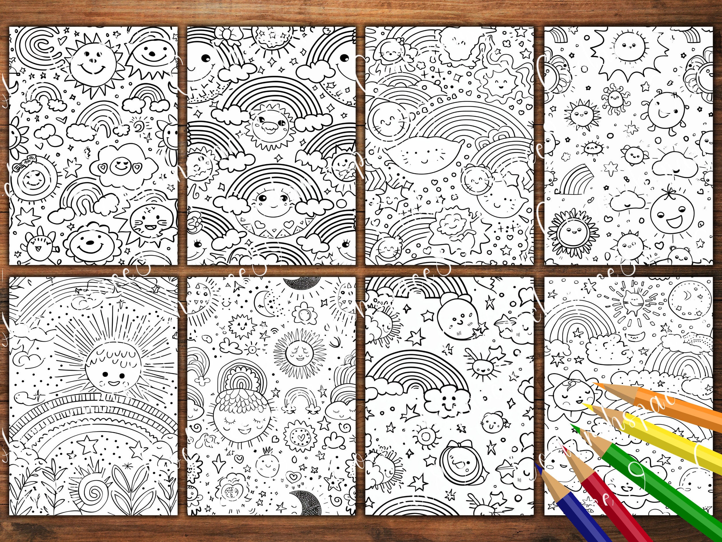 40 Rainbow Sun Doodle Printable Coloring Pages, A4 Size PDF & JPG Files ...