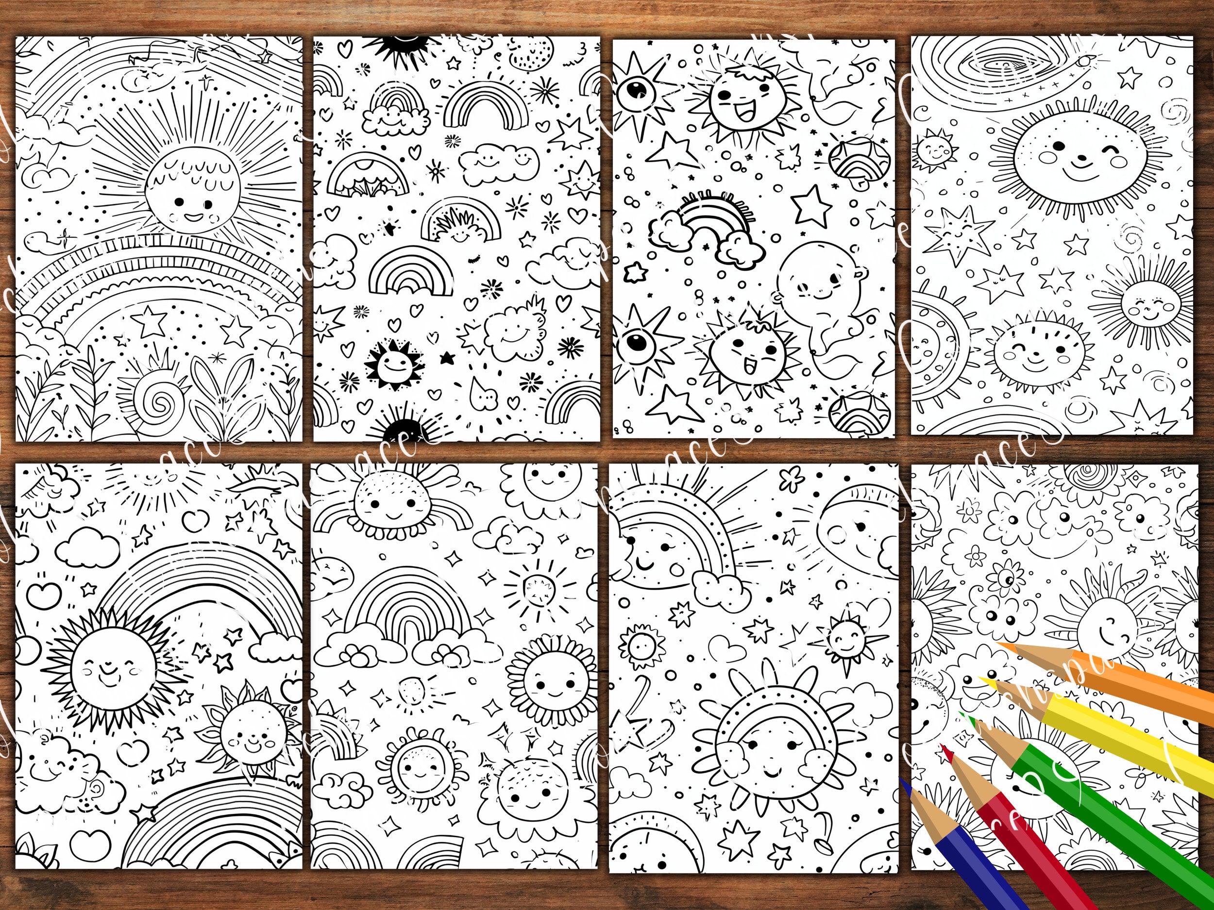 40 Rainbow Sun Doodle Printable Coloring Pages, A4 Size PDF & JPG Files ...