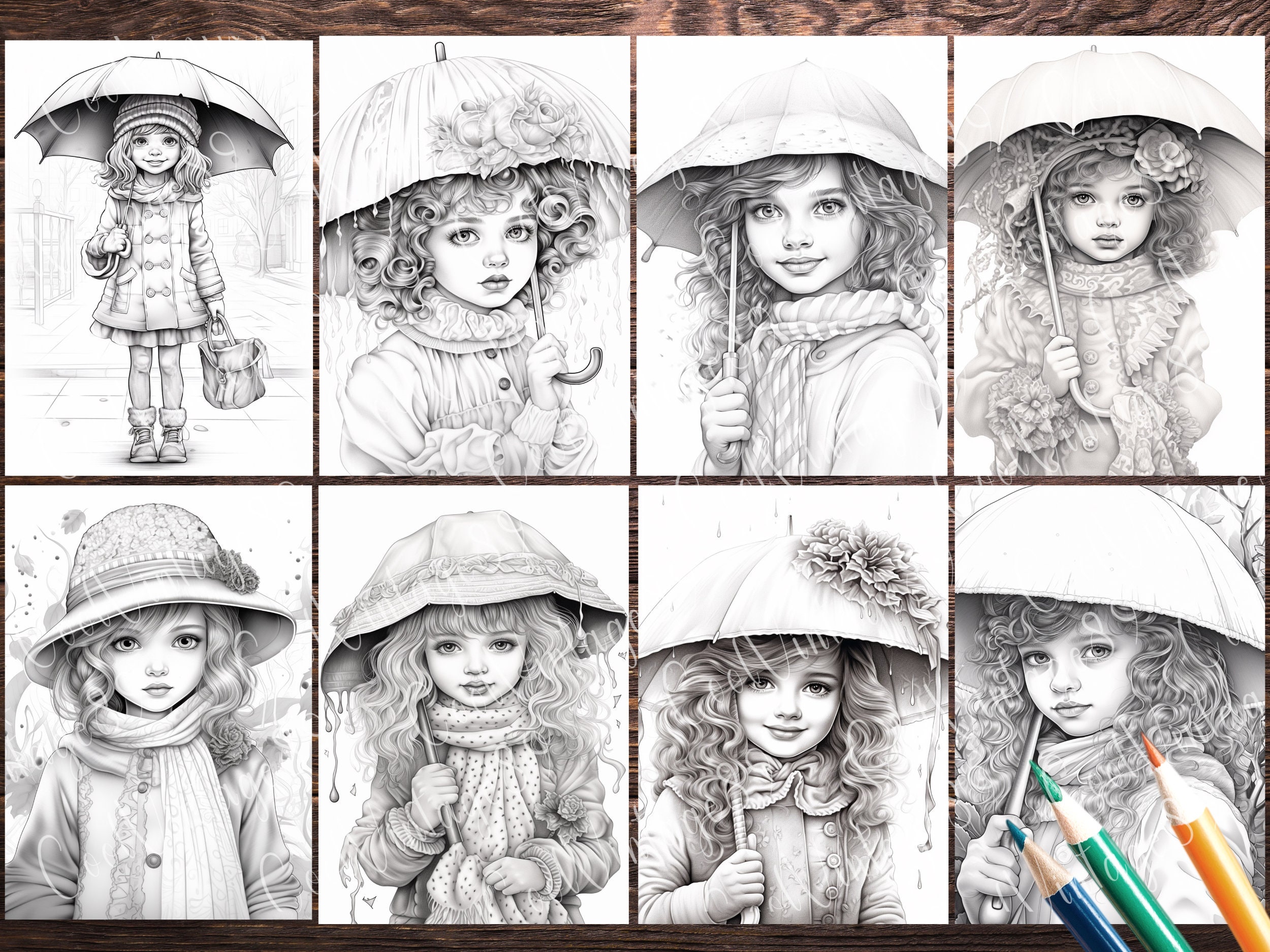 35 Little Girl in the Rainy Season and Umbrella, Coloring Page, Girl ...