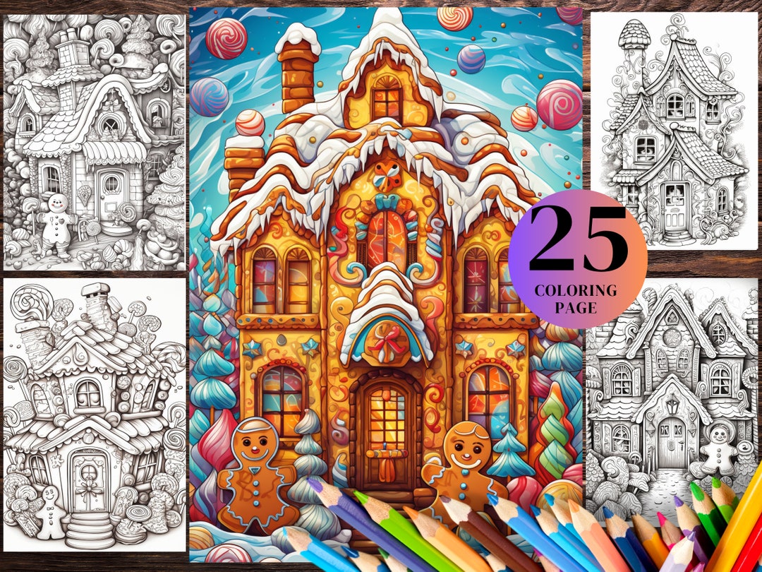 25 Gingerbread Houses Coloring Pages: Grayscale Designs (printable PDF ...