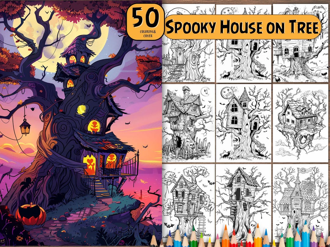 50 Spooky House on Tree Coloring Books ,halloween Coloring Page Digital ...