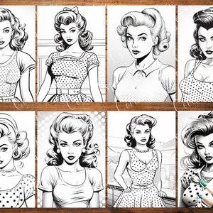 42 Rockabilly Retro Girl Coloring Pages: Grayscale (printable PDF & JPG ...