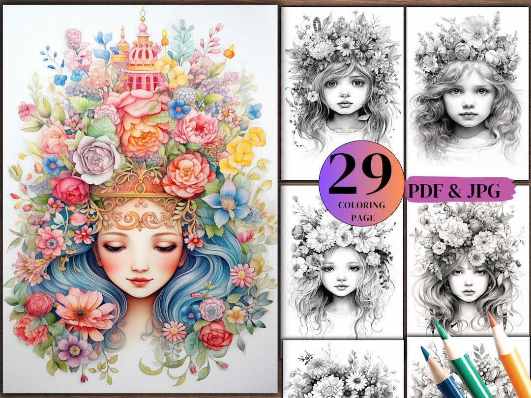 29 Floral Crown Girl Coloring Book , Blossoming Beauty Coloring Pages ...