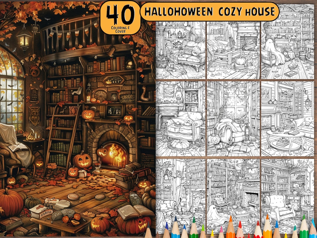 40 Halloween Cozy Home Coloring Pages: Spooky Houses (printable PDF) - Etsy