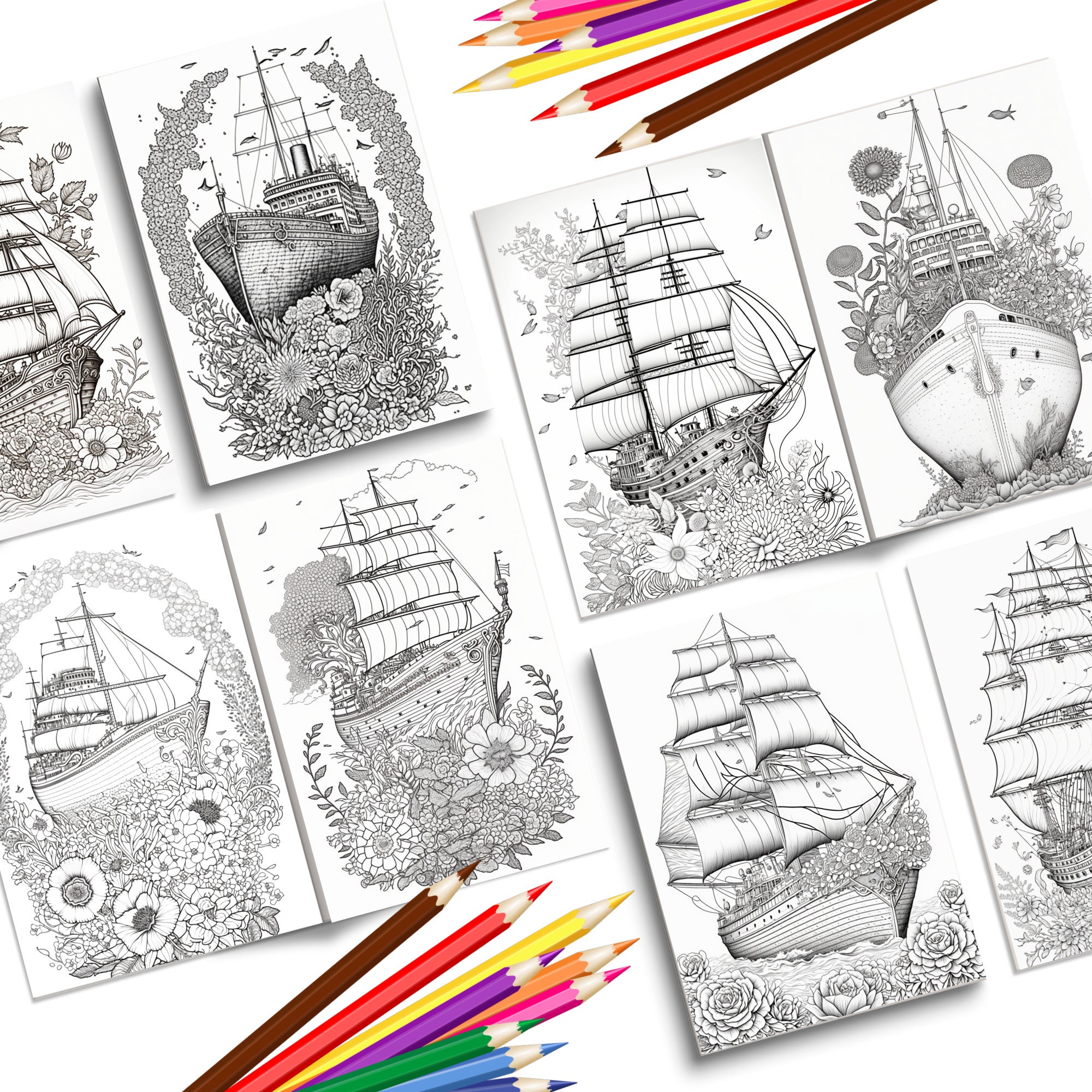 23 Flower Ships Coloring Page, Adults Kids, Grayscale Coloring Page ...