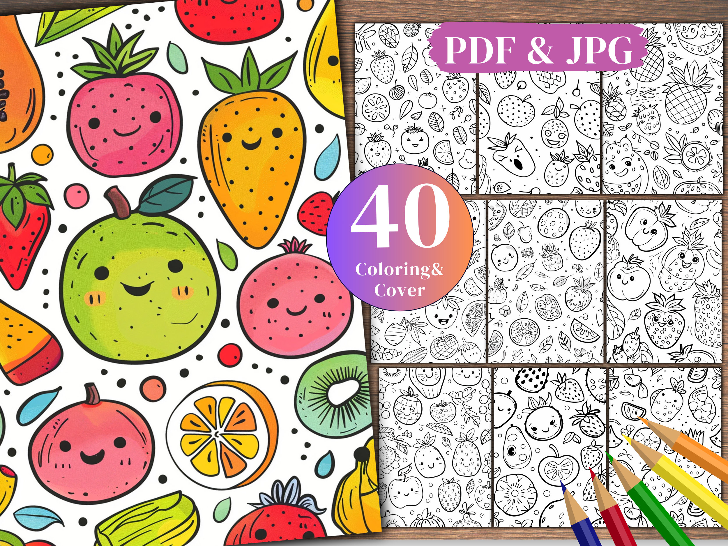 40 Fruits Doodle Coloring Books, A4 Size PDF & JPG Files ,digital ...