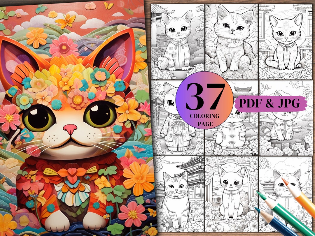 37 Kawaii Cat Coloring Book, Cute Cat Coloring Pages, Adorable Kawaii Kitty Printables, Digital ...