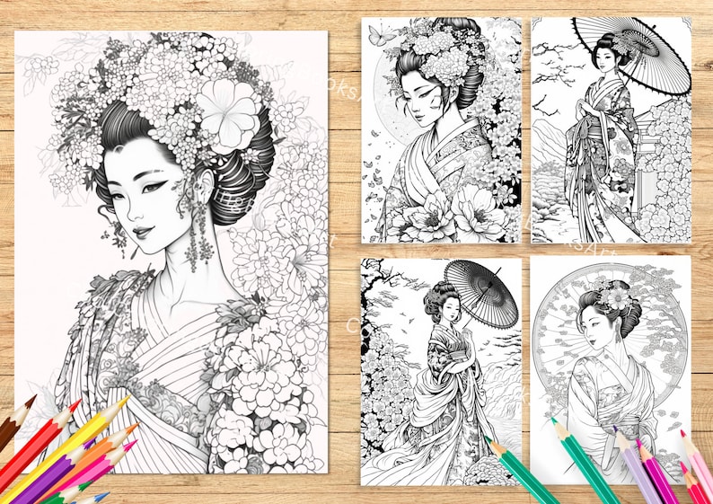22 Grayscale Japanese Geisha Coloring Book Printable Adult - Etsy