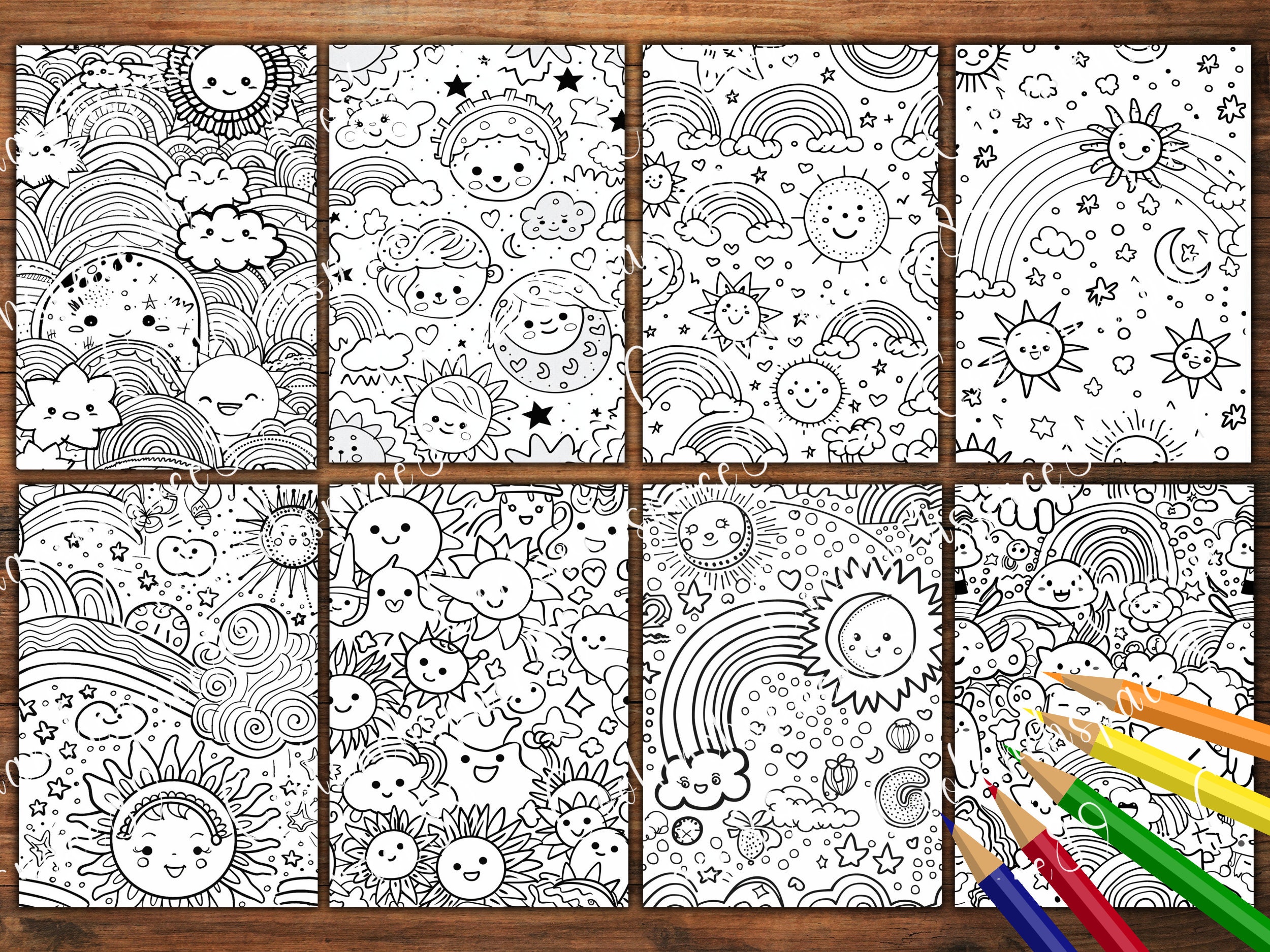 40 Rainbow Sun Doodle Printable Coloring Pages, A4 Size PDF & JPG Files ...