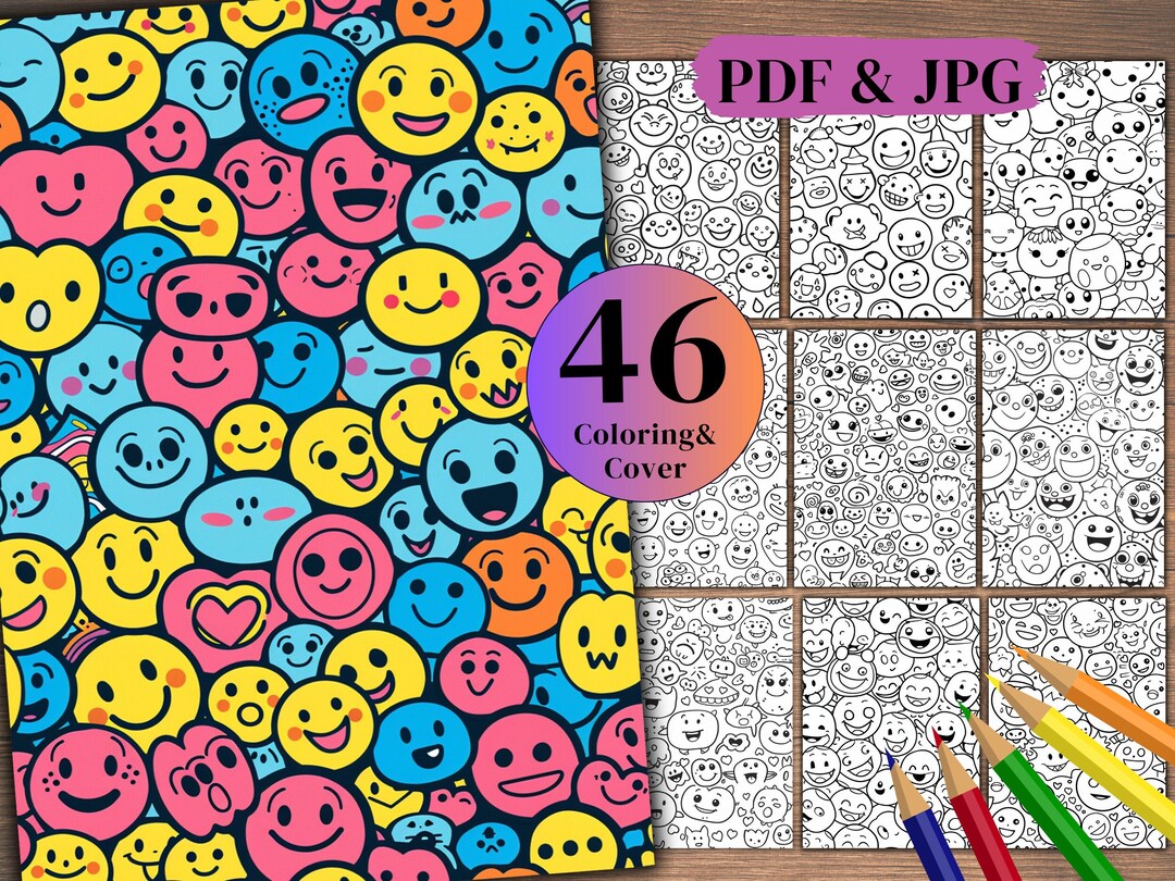 46 Happy Smiley Emoji Doodle Coloring Books, A4 Size Digital Downloads ...