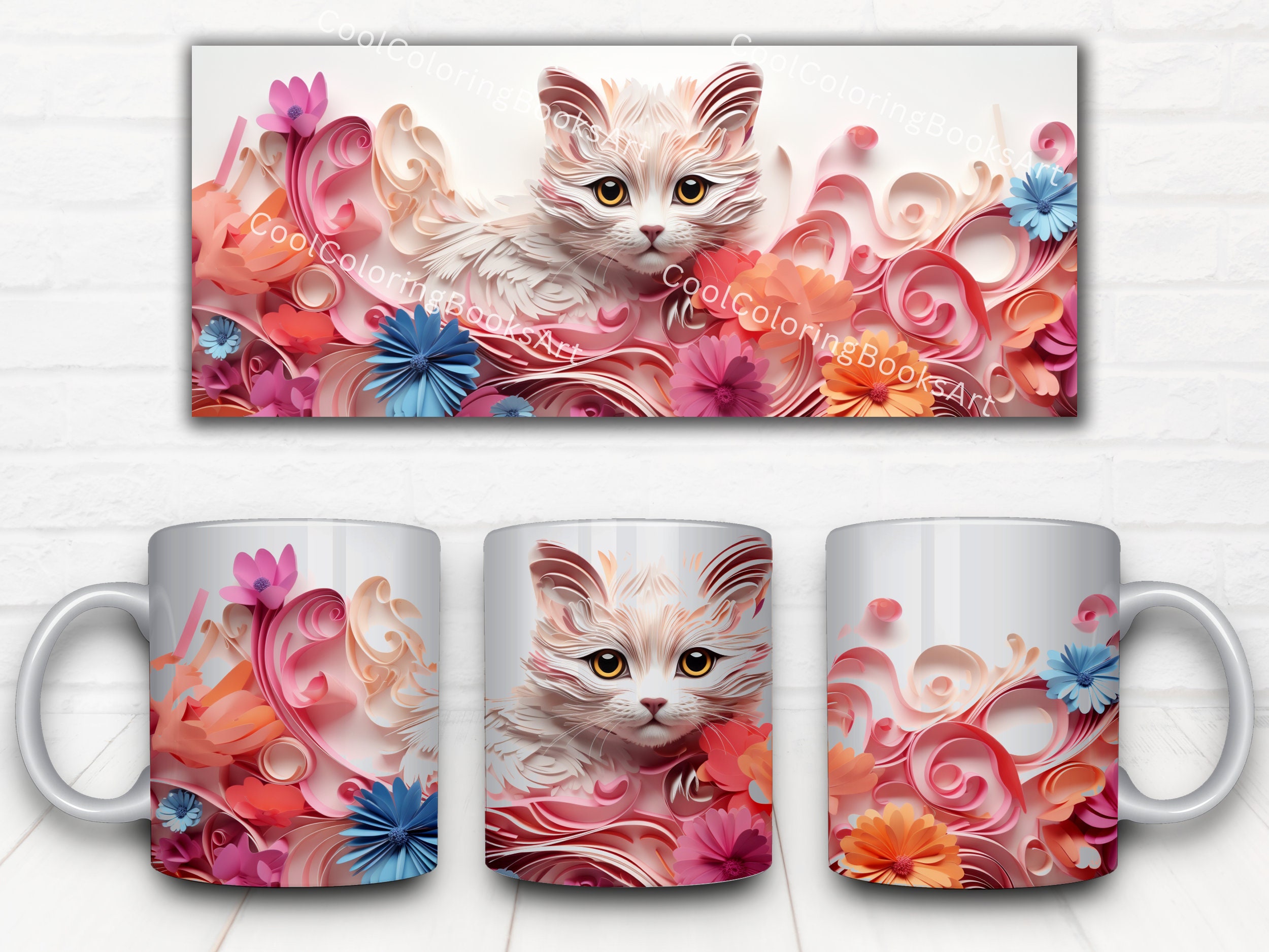 3D Magical Kitten With Flowers , 3D Tabby Cat Mug Wrap, Cat Mug Design ...