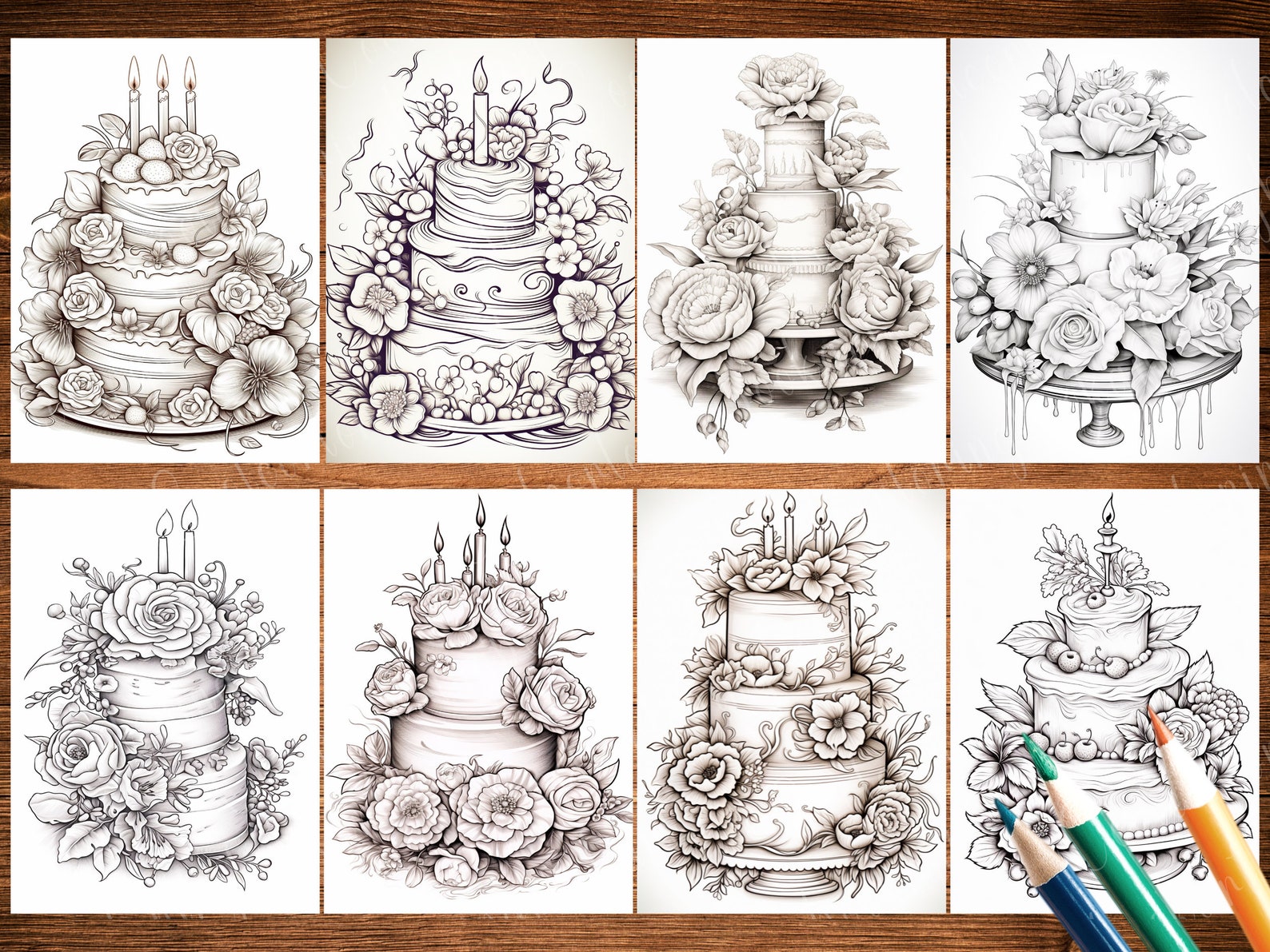 24 Cakes Coloring Book, Adults Kids Instant Download grayscale Coloring ...