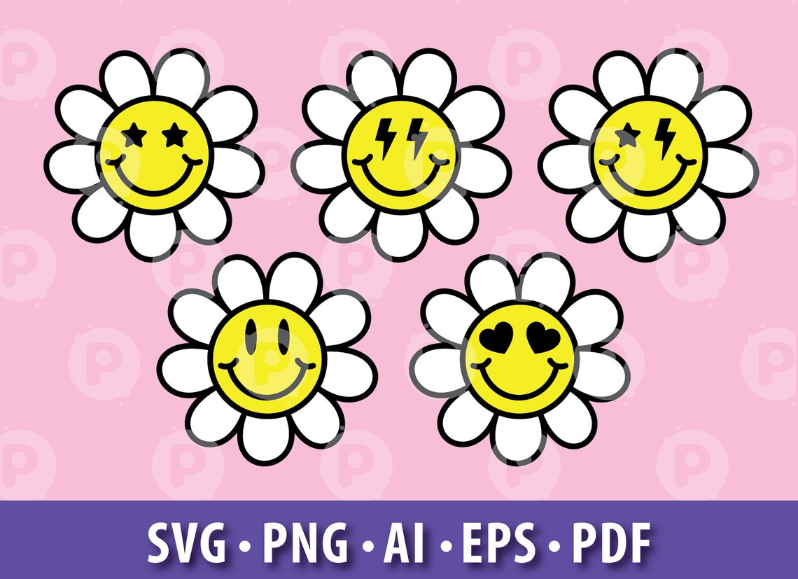 Retro Flower Smiley SVG PNG Ai Eps Pdf 5 Daisy Designs. - Etsy UK