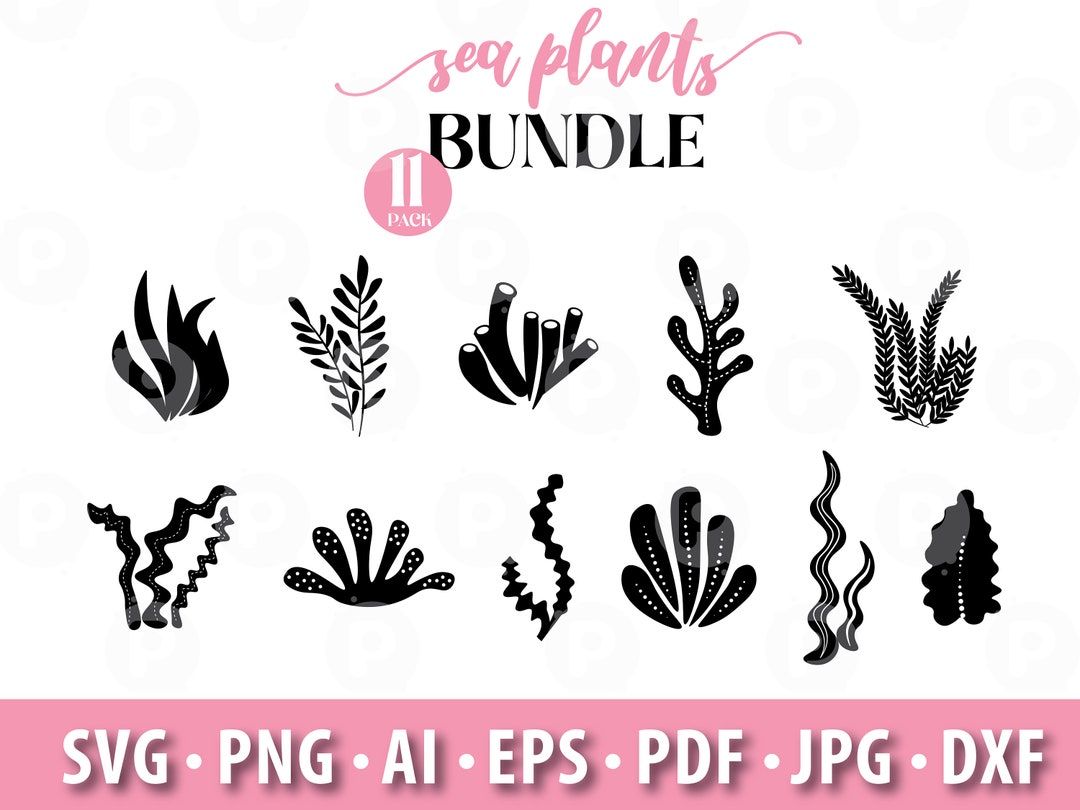 Sea Plants and Coral Bundle SVG. 11 Pack Bundle. All Black, Editable ...