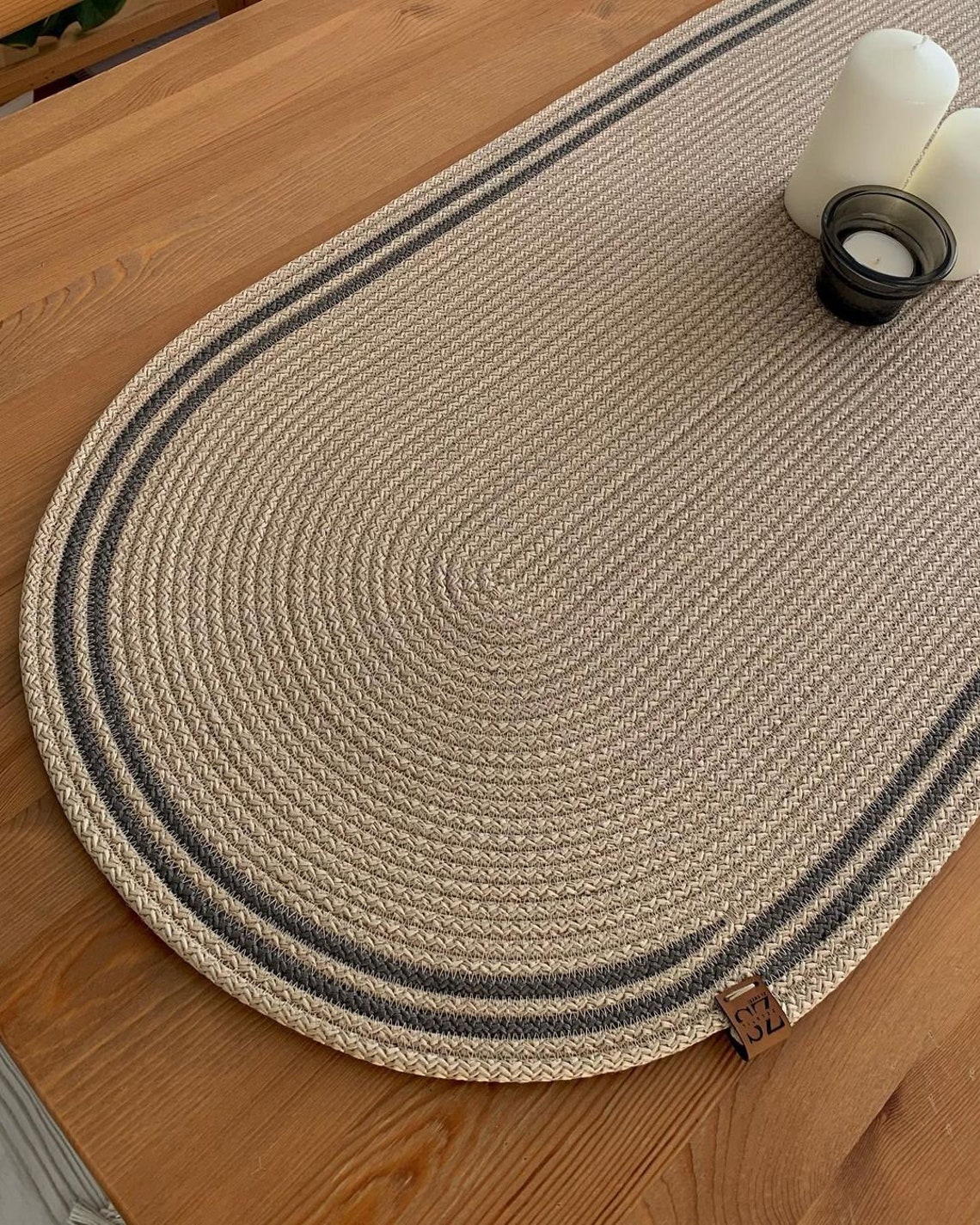 Handwoven Jute Oval Table Runner: Modern Gray Edge Centerpiece - Etsy