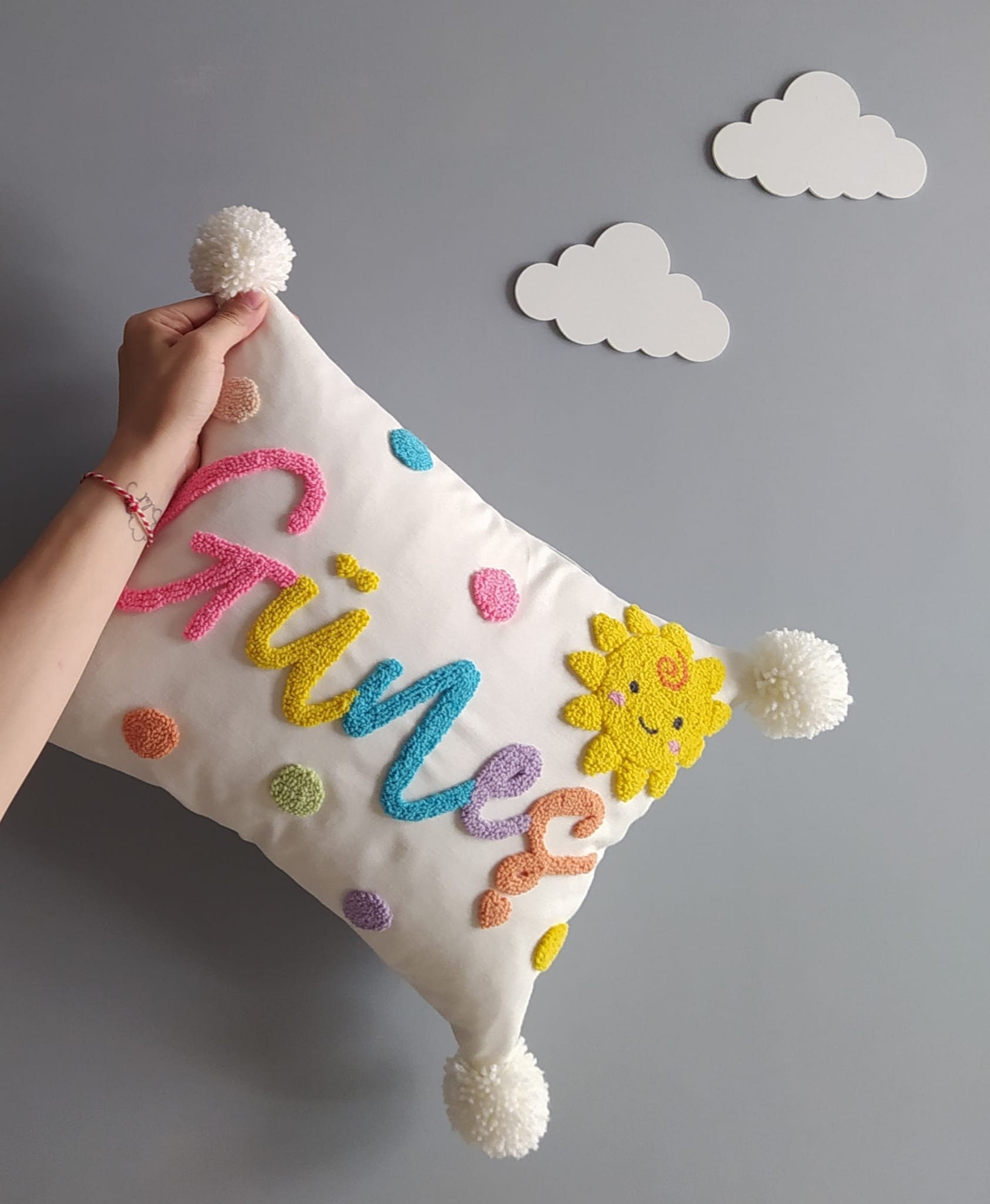 Custom Name Punch Embroidery Sun Pattern Colorful Nursery Pillow Case ...