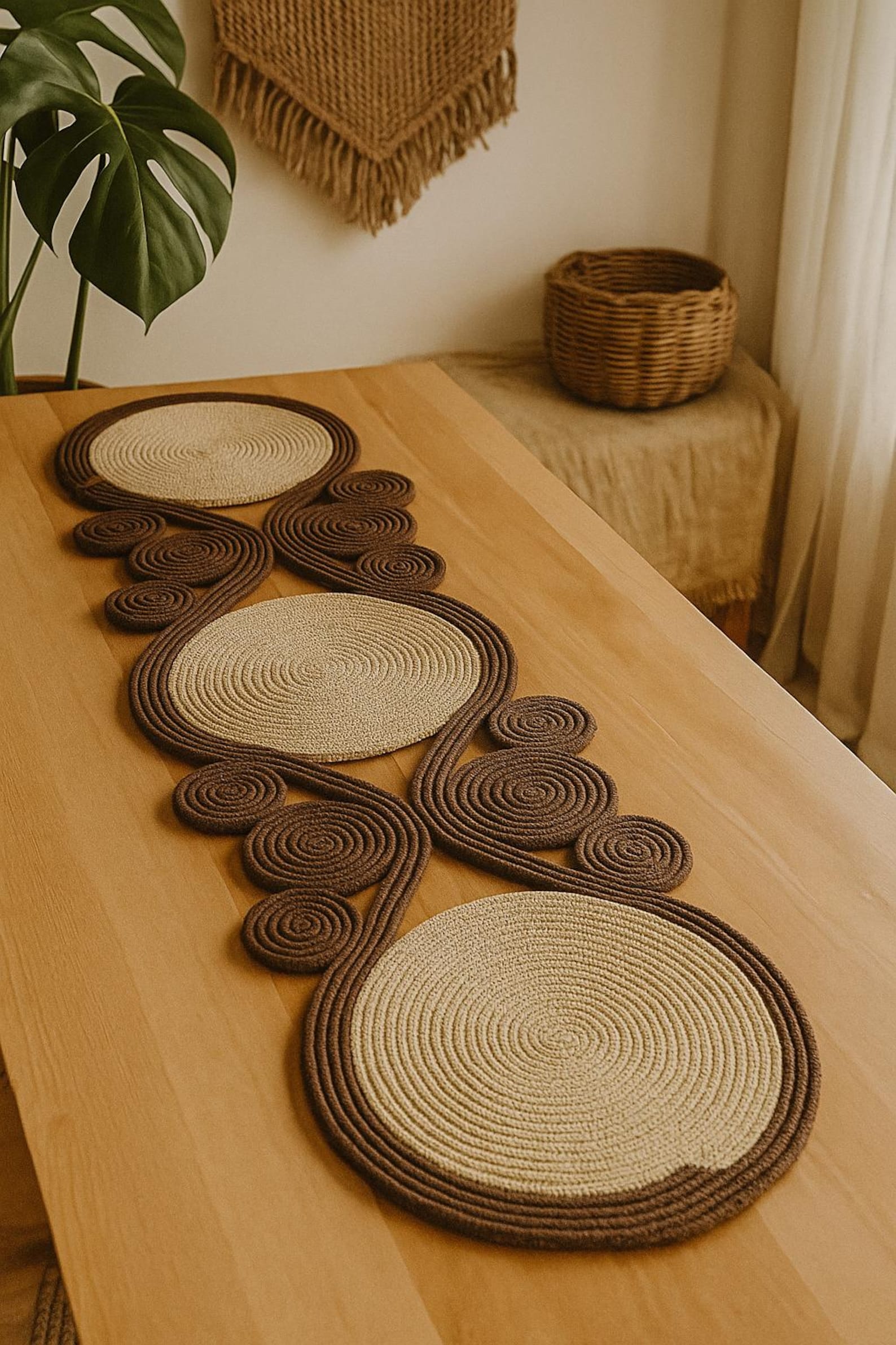 Beige and Brown Spiral Rope Table Runner – Handmade Boho Natural Table ...