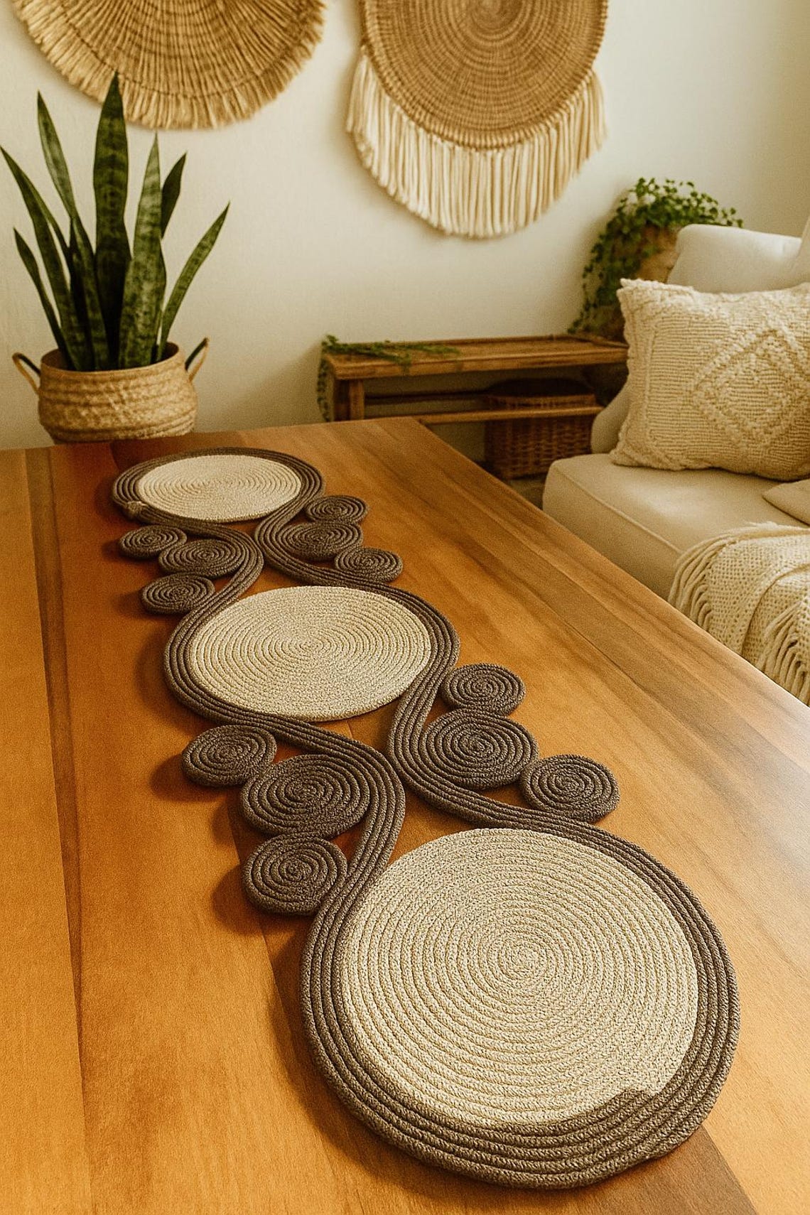 Beige and Brown Spiral Rope Table Runner – Handmade Boho Natural Table ...