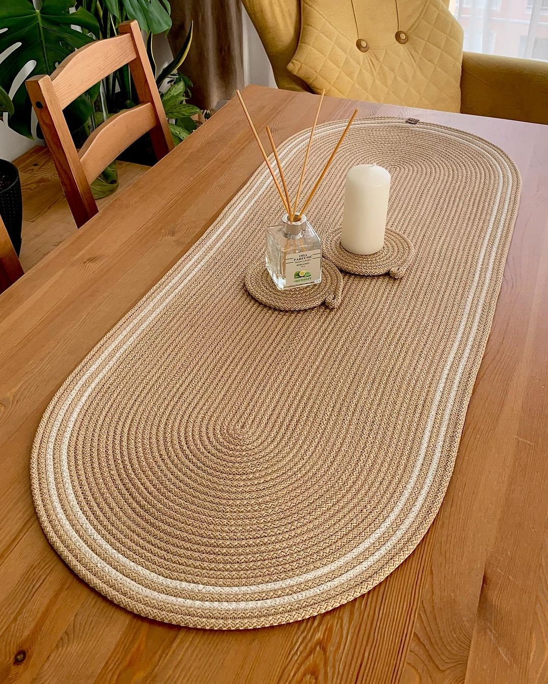 Natural Jute Oval Table Runner With White Edge- Coffee Table Cloth ...