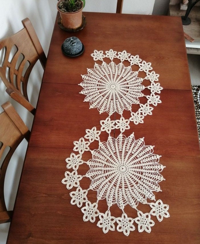 Hand-crochet Doily Table Runner Starburst With Winding Flower Pattern Elegant Home Decor for ...