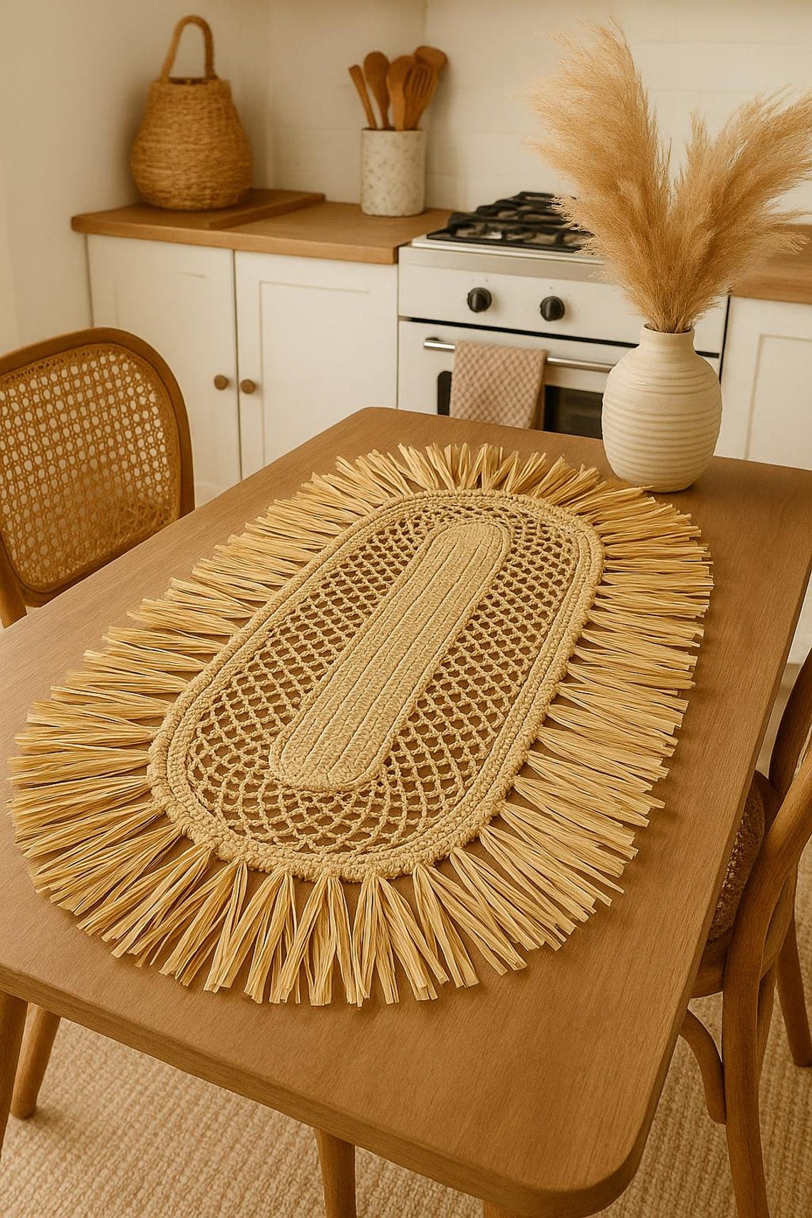 Handmade Raffia Jute Table Runner: Boho Crochet Fringe Centerpiece - Etsy