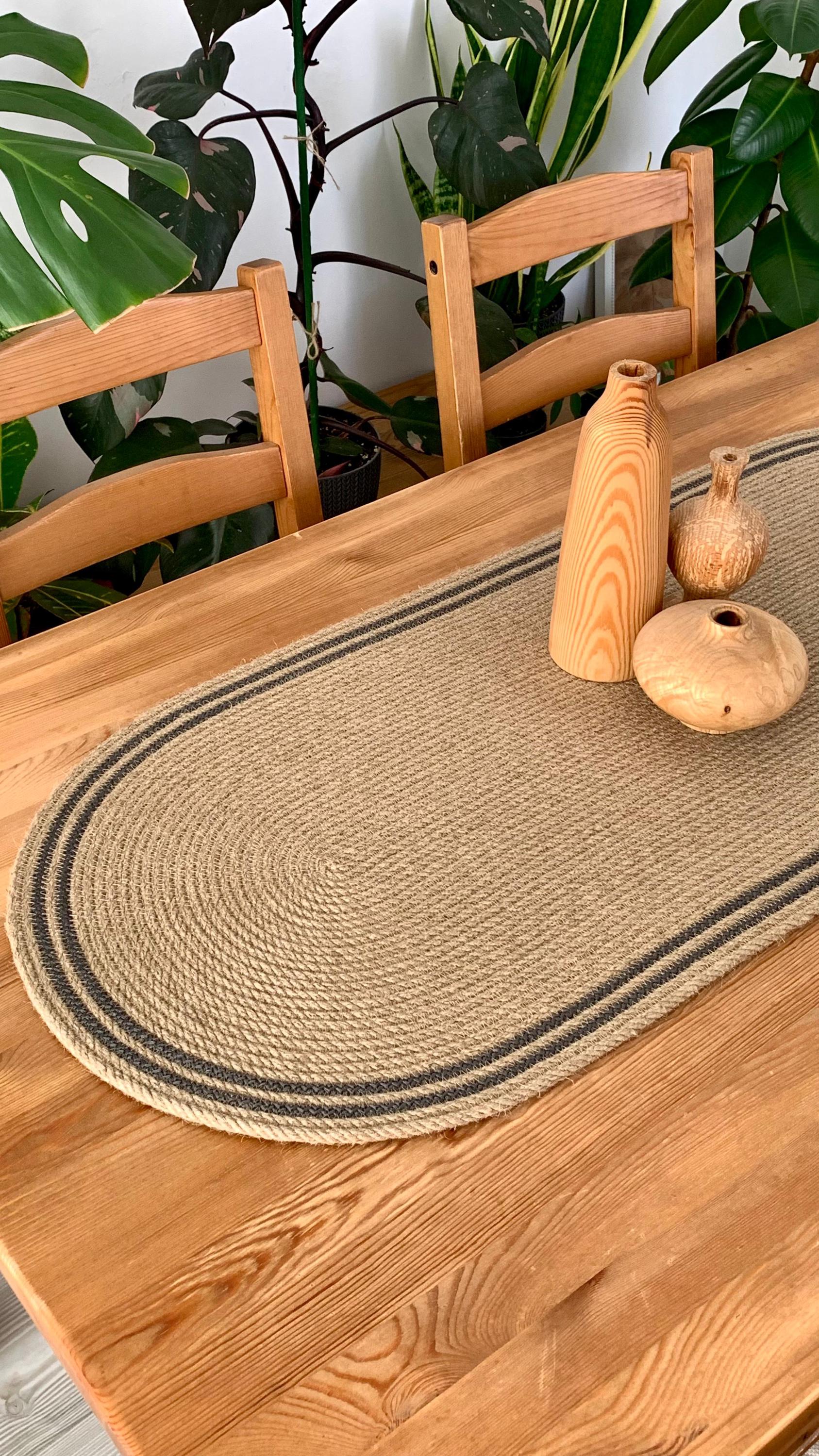 Handmade Oval Straw Table Runner: Beige With Gray Border - 39.37