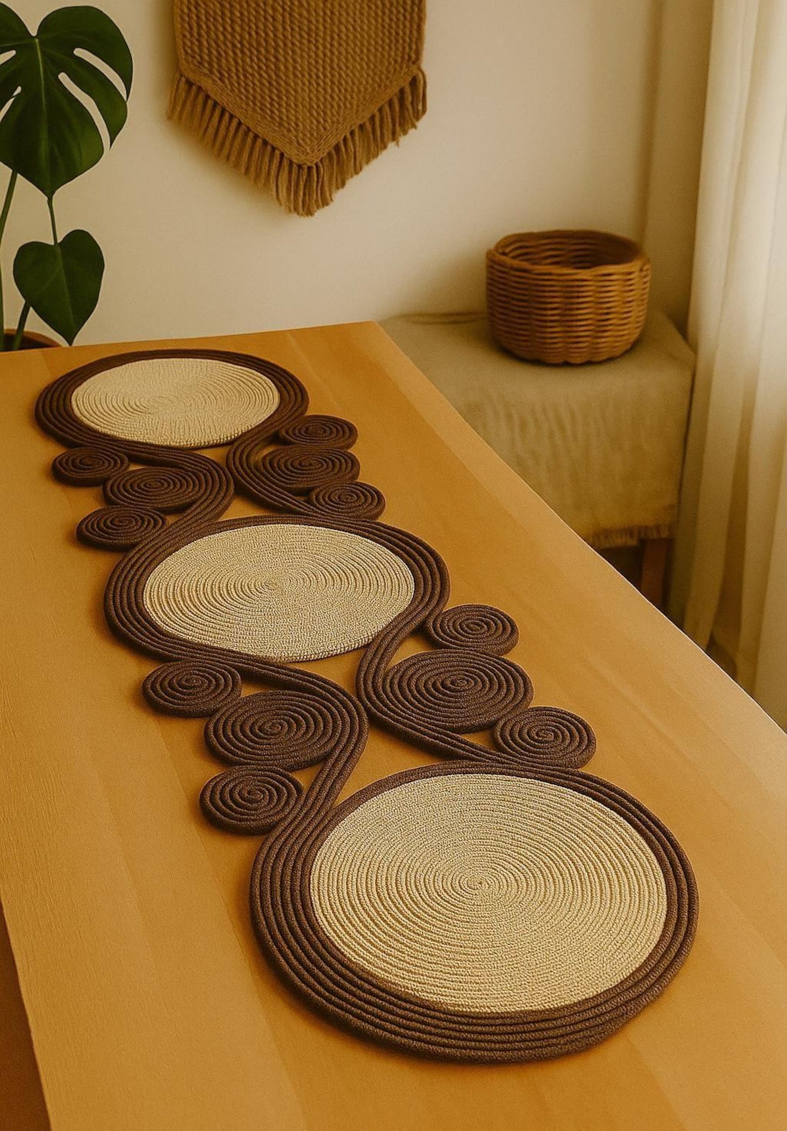 Beige and Brown Spiral Rope Table Runner – Handmade Boho Natural Table ...