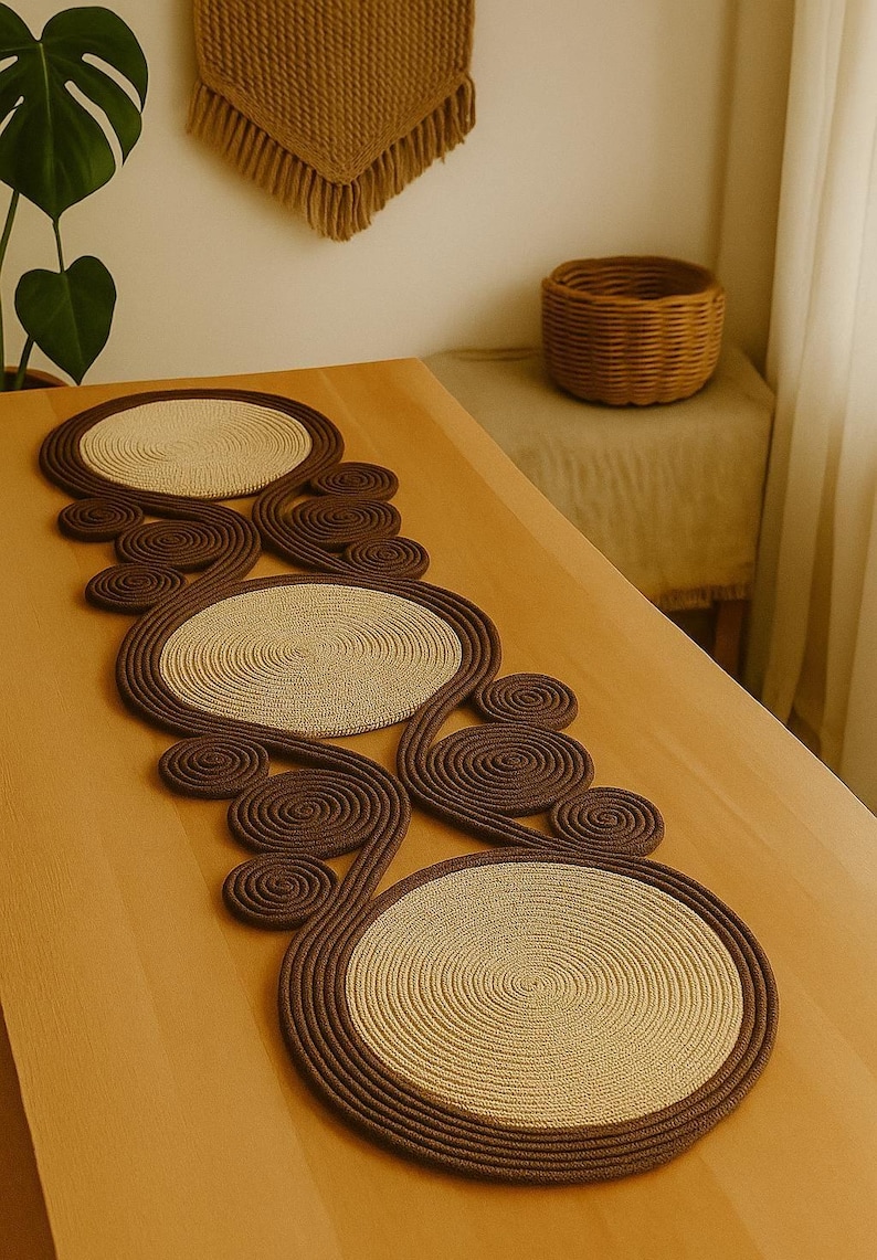 Beige and Brown Spiral Rope Table Runner – Handmade Boho Natural Table ...