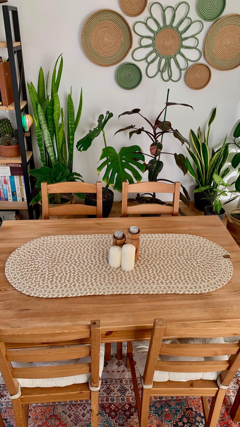 Oval Boho Table Runner - Braided Jute and Cotton Runner - Farmhouse ...