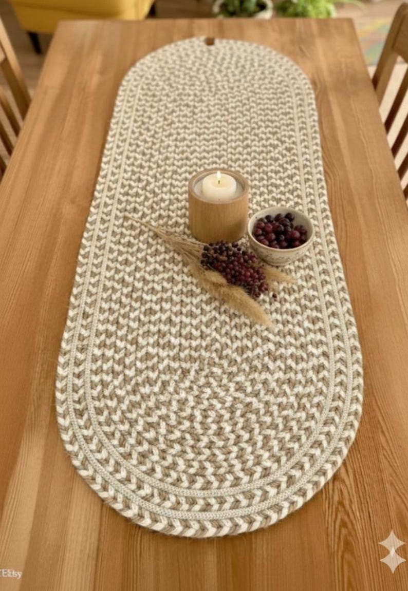 Oval Boho Table Runner - Braided Jute and Cotton Runner - Farmhouse ...