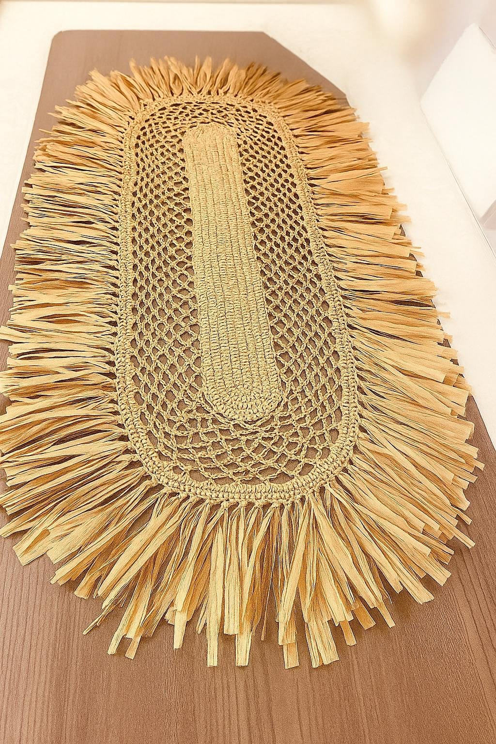 Handmade Raffia Jute Table Runner: Boho Crochet Fringe Centerpiece - Etsy