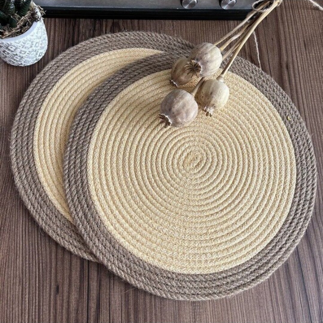 Hand Woven Jute Placemats - Round Boho Natural Table Mats With Brown ...