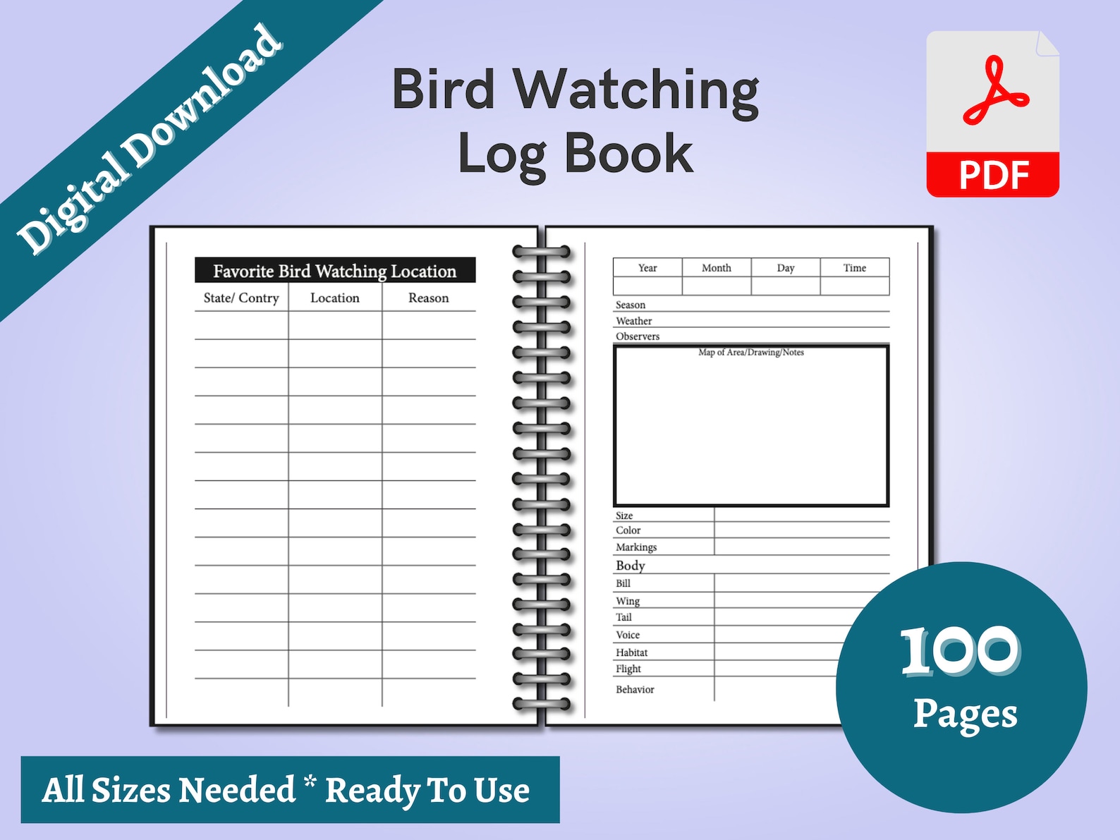 Bird Watching Log Book Printable Bird Watcher Bird Watching Handbook ...