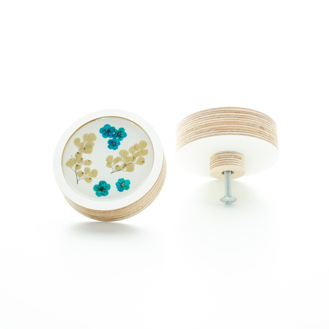 6 Cm/2.36" BLUE FLOWERS KNOB Wood With Epoxy Resin, Flower Dresser Knob, Modern Drawer Pulls ...