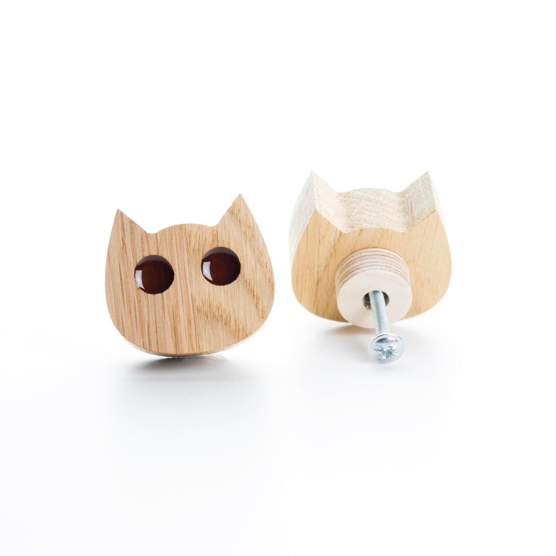 DRAWER KNOB Kitty Cat Dark Red Eyes Oak Wood With Epoxy Resin, Flower ...