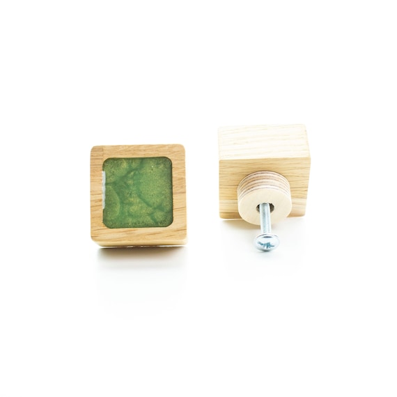 DRAWER KNOB Green Oak Wood With Epoxy Resin Square Dresser - Etsy