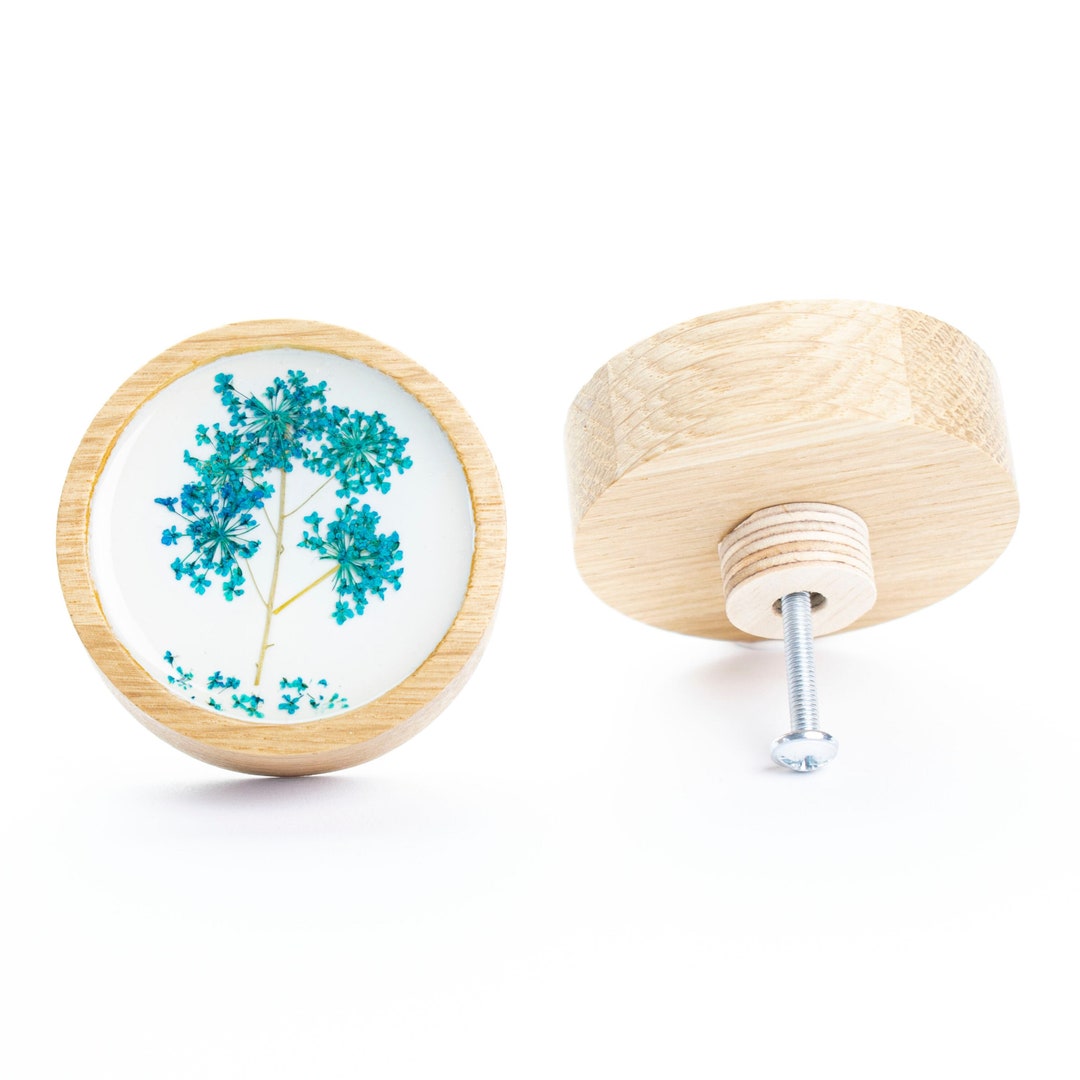 6 Cm/2.36" BLUE FLOWERS KNOB Oak Wood With Epoxy Resin, Flower Dresser Knob, Modern Design ...