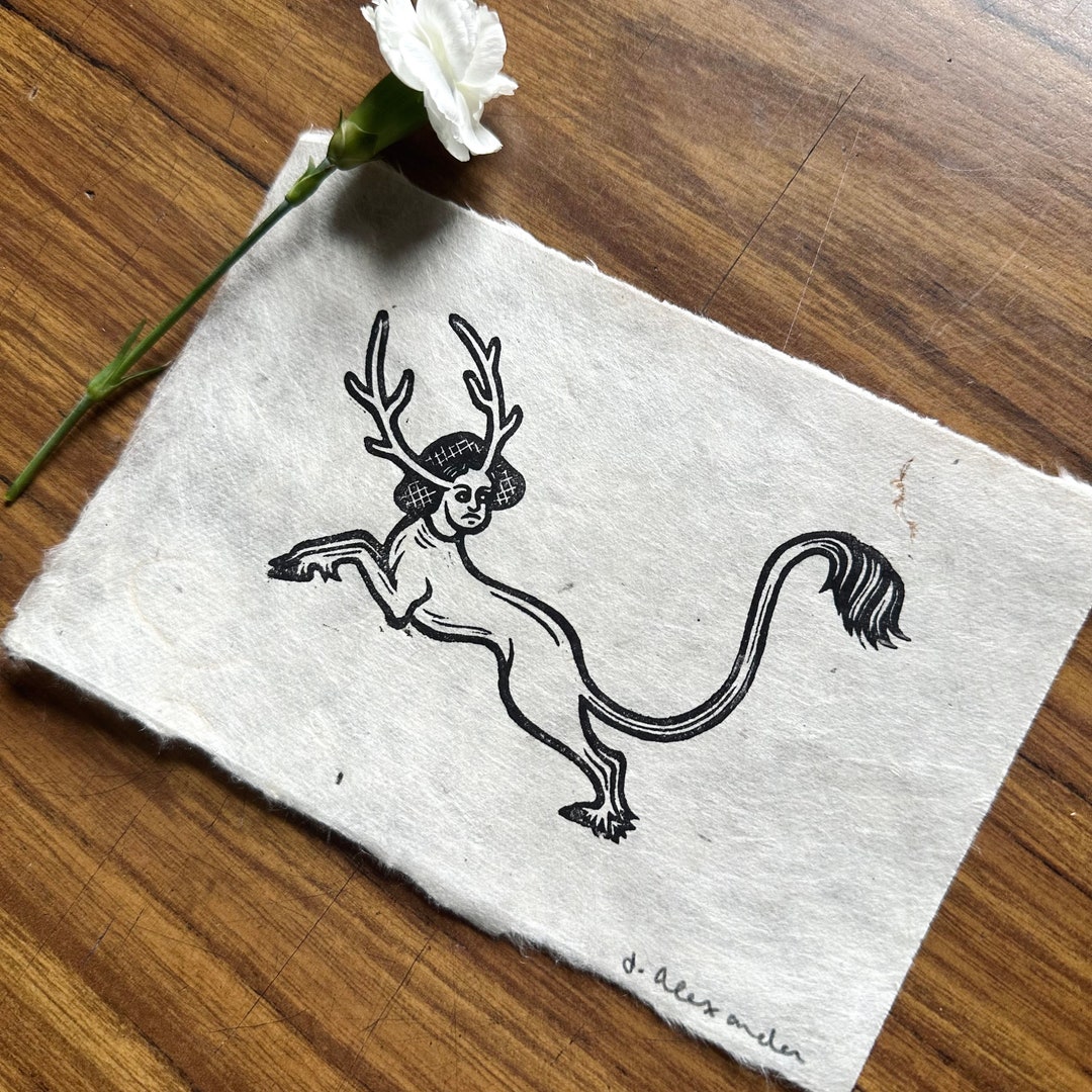 Stag Maiden Medieval Marginalia Linocut Print 4x6 - Etsy