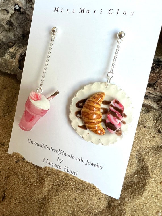 Miniature Milkshake and Croissant With Strawberry Polymer Clay - Etsy