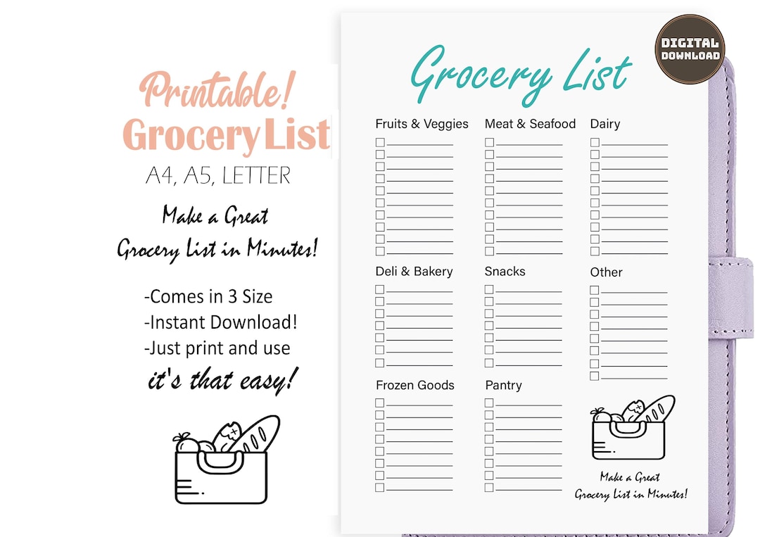 Printable Grocery List, Category Grocery List, Food Shopping, Weekly ...