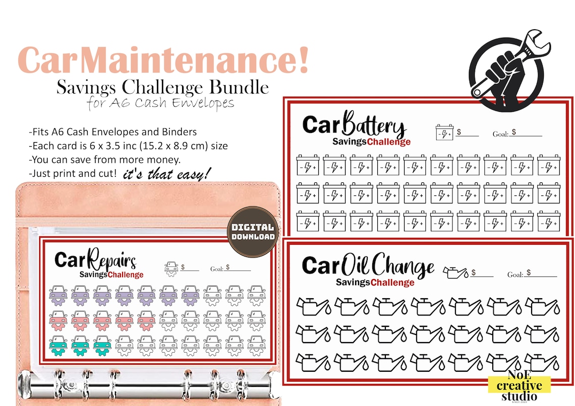 Car Maintenance Savings Challenge Bundle, Printable Budget Binder ...