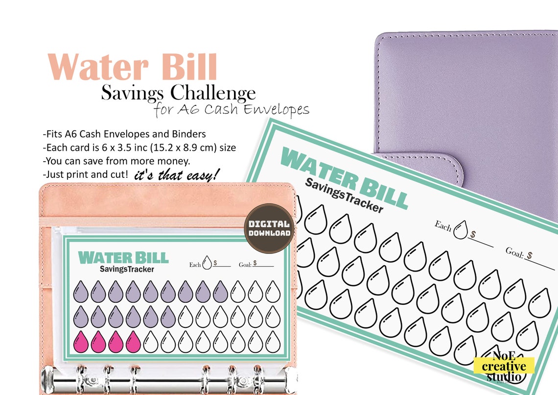 Water Bill Savings Challenge for A6 Cash Envelopes, Printable Budget ...