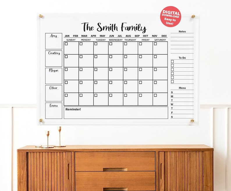 Customizable Family Calendar for Vinyl Cut, Acrylic Family Planner, Svg ...