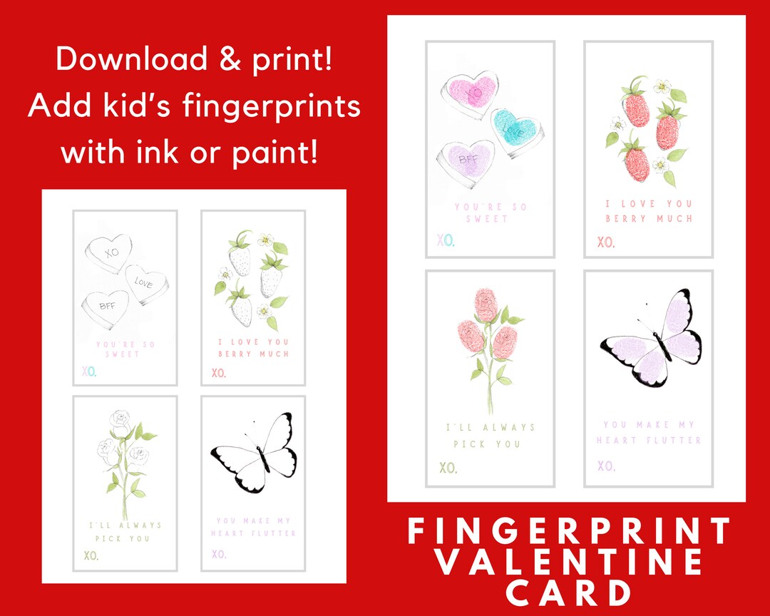 Digital Download Kids Valentine's Day 3x5 Cards, Fingerprint Craft - Etsy