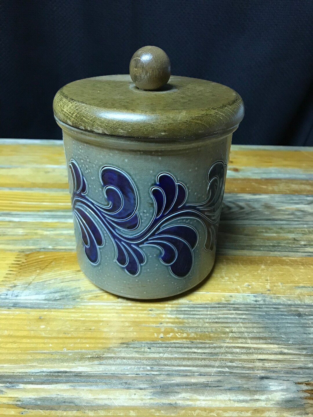 Vtg German Handarbeit Pottery Grey & Cobalt Blue With Wooden Lid - Etsy