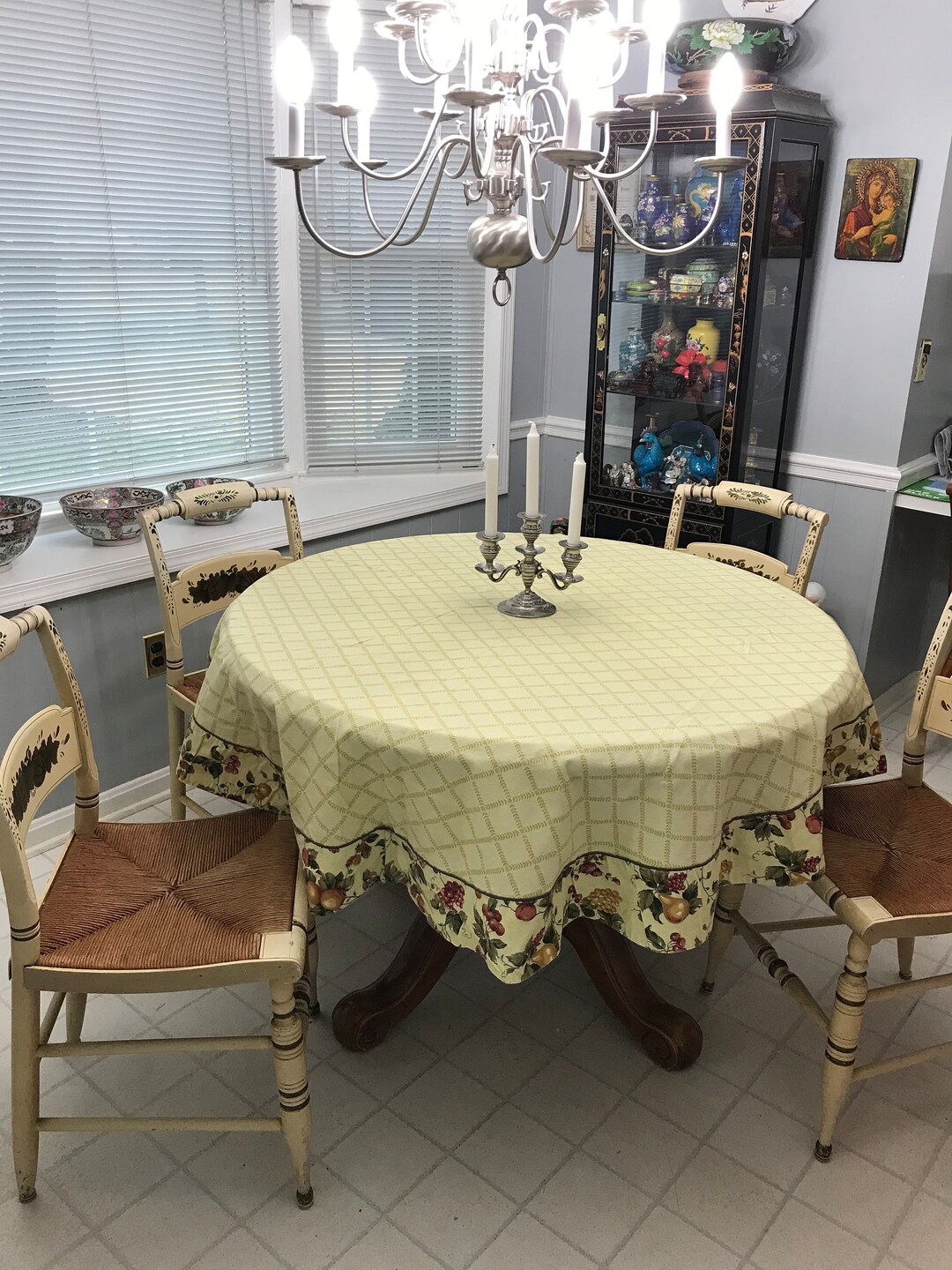 60” Round Yellow Tablecloth W/fruit Border - Etsy
