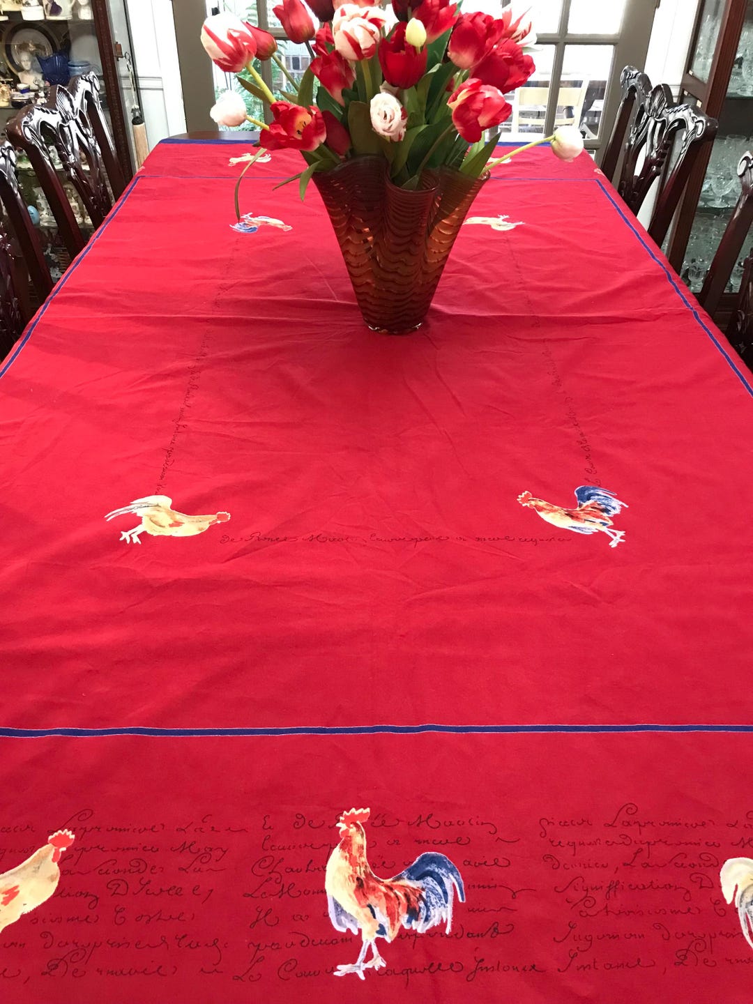 Williams Sonoma Red & Blue Rooster/hen French Country Tablecloth Cotton ...